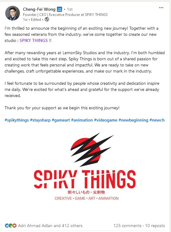 Spiky Things Studio Announced By Ex-Lemon Sky Head - 尼未亞 | Nmia Gaming